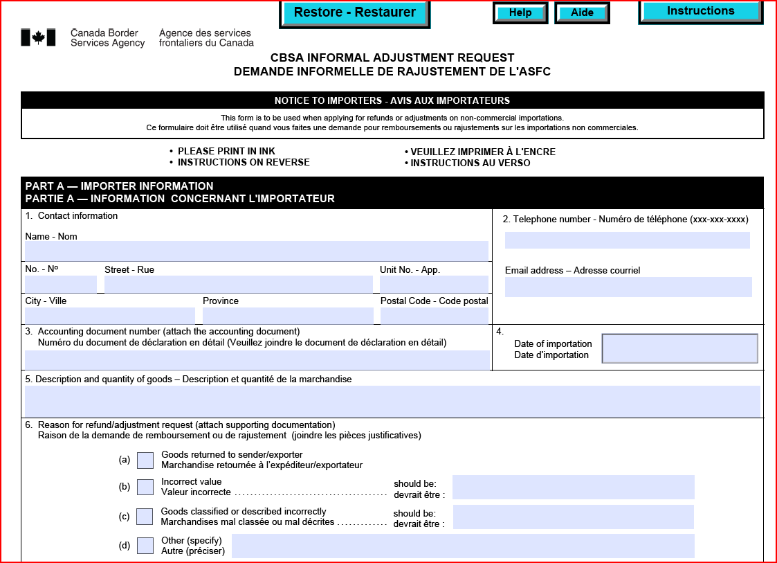 Updated: CBSA Informal Adjustment Request (B2G) Form | CSCB National Office