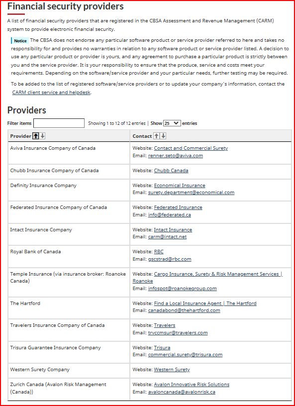 CBSA's List of Financial Security Providers | CSCB National Office