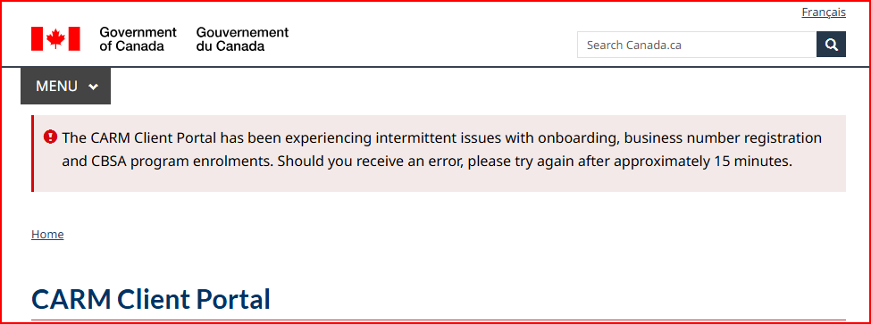 CARM Client Portal problems with onboarding, BN registration and ...