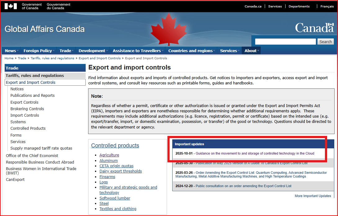 Update to GAC webpage; Export and Import Controls | CSCB National Office